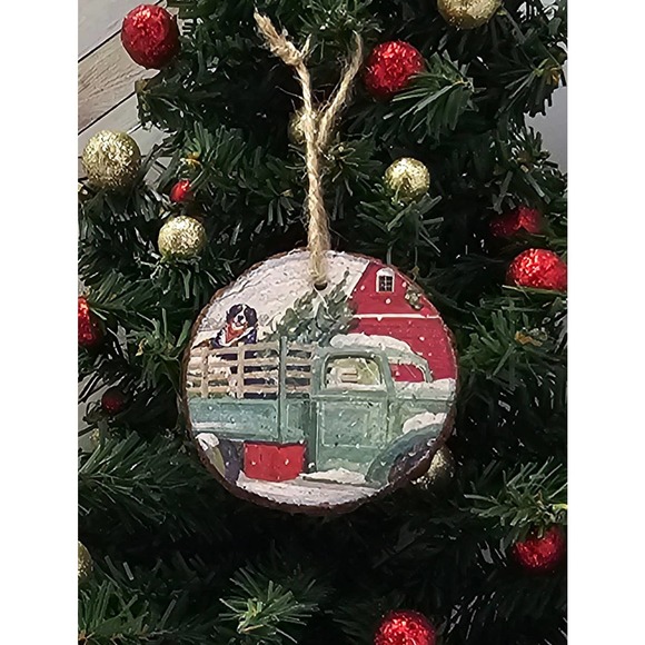 Epic Farms | Holiday | Classic Green Truck Farm Scene Dog Wooden Disk ...